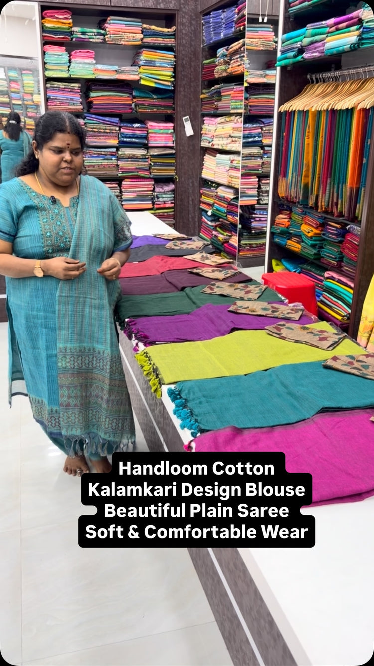 Handloom Cotton Saree | Plain Saree with Kalamkari design blouse ...