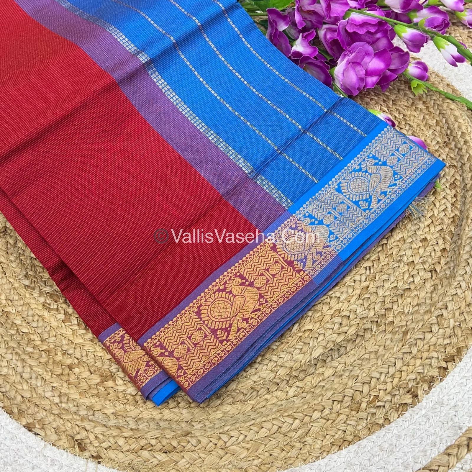 Semi Silk Cotton Saree - Red With Blue Shade - VVSSC008 – Vallis Vaseha