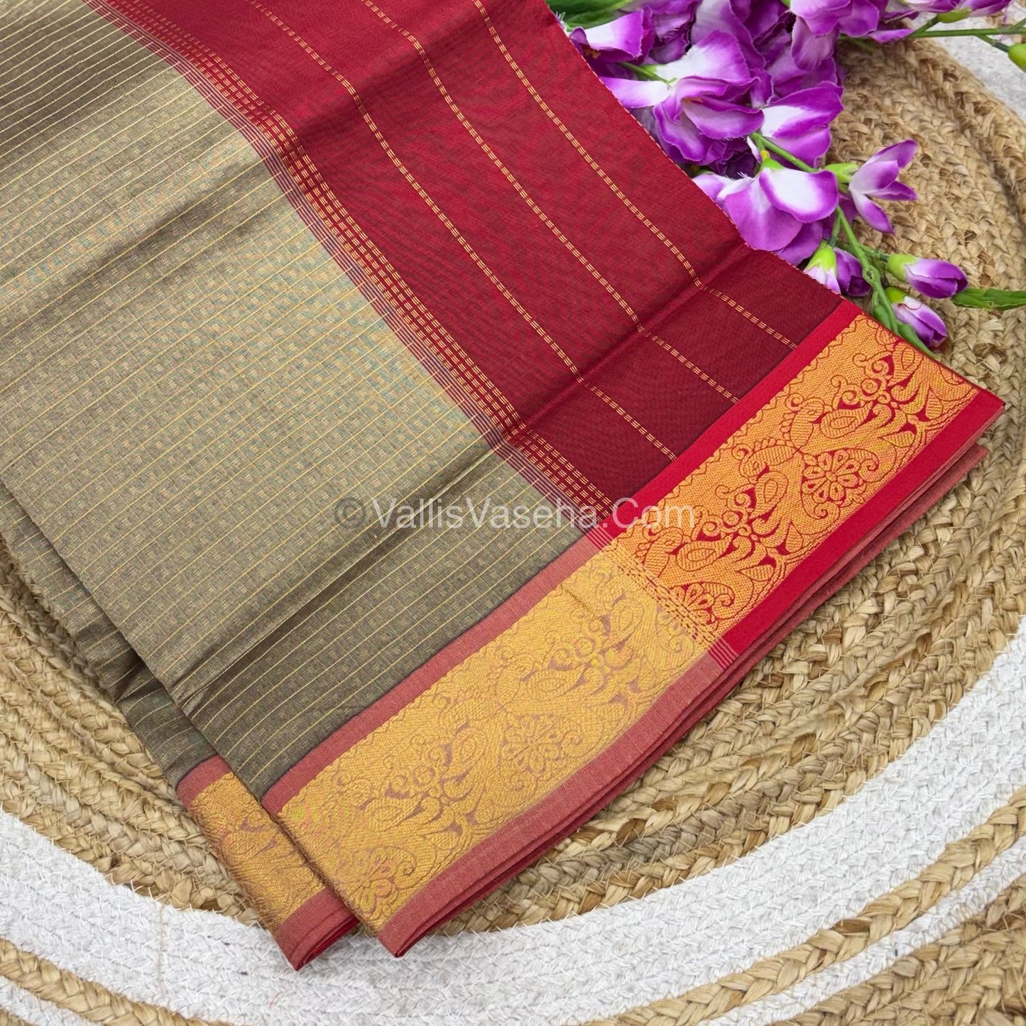 Semi Silk Cotton Saree - Cream With Red Shade - VVSSC006 – Vallis Vaseha
